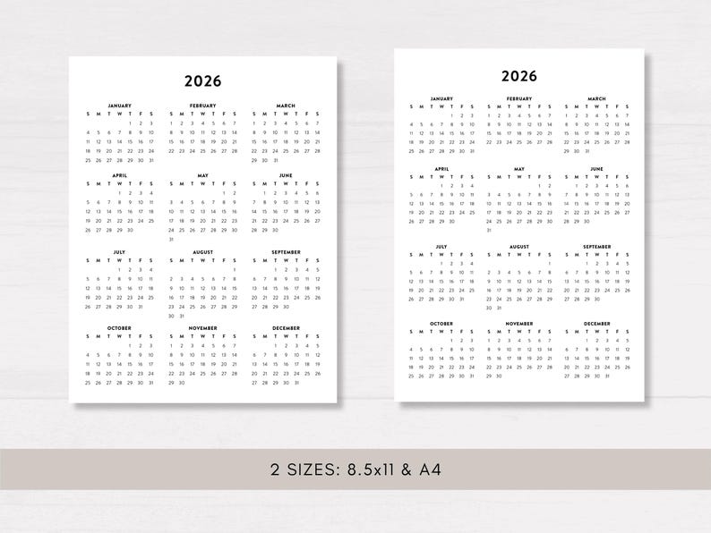 2026 Year at a Glance Printable Desk Calendar, Minimalist One-page Wall ...