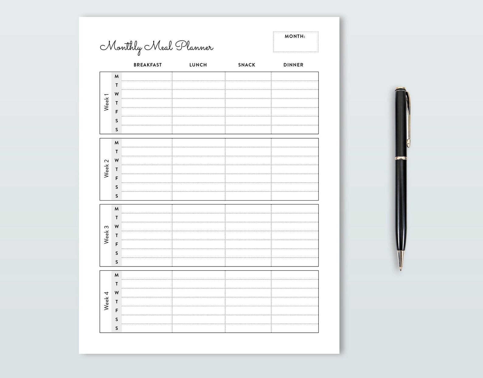 Monthly Meal Planner Printable and Fillable Page in US Letter - Etsy