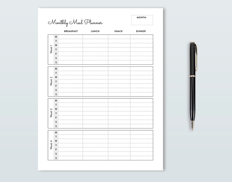 Monthly Meal Planner Printable and Fillable Page in US Letter - Etsy