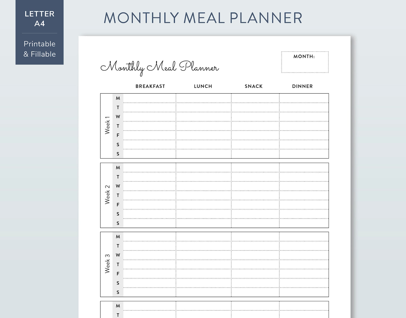 Monthly Meal Planner, Printable and Fillable Page in US Letter and A4 ...