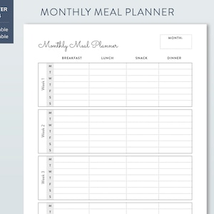 Monthly Meal Planner, Printable and Fillable Page in US Letter and A4 ...