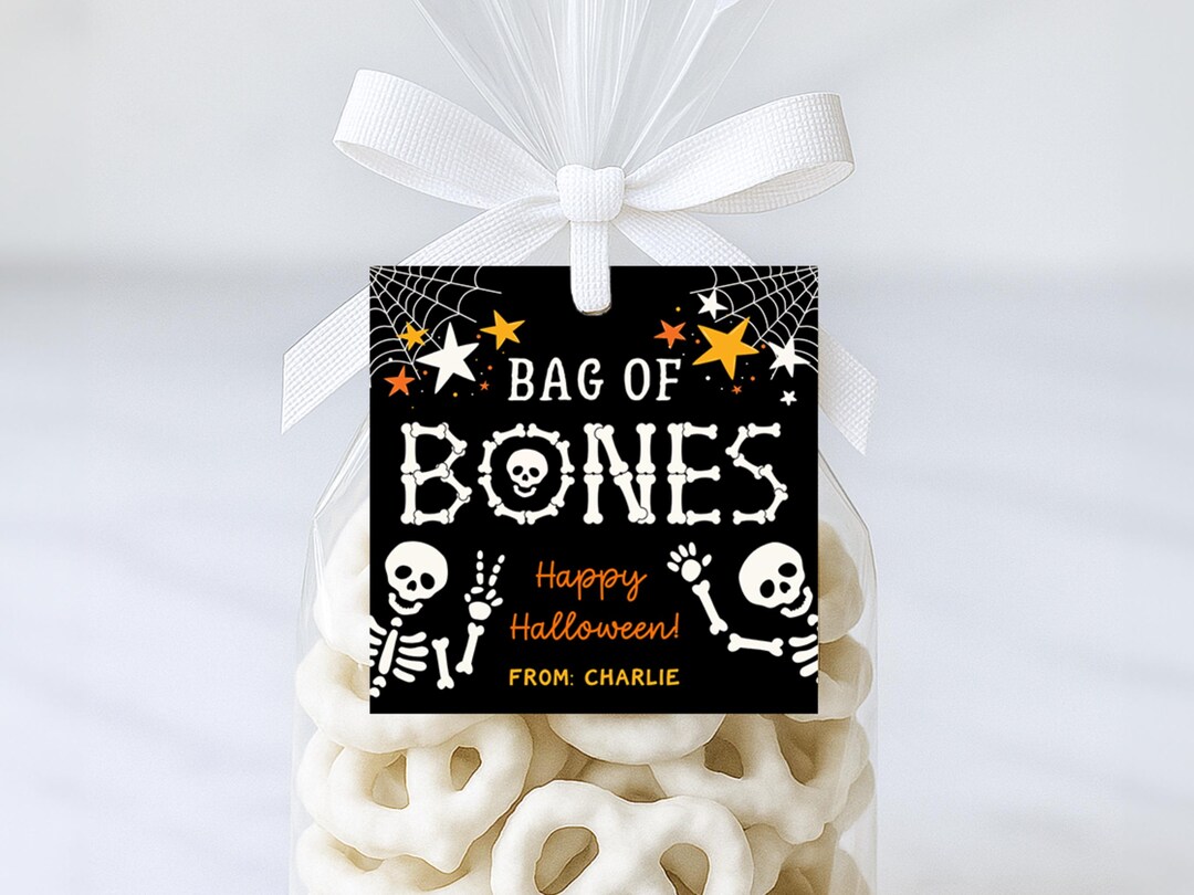 Editable Halloween Square Gift Tag, Bag of Bones Printable Treat Tag ...