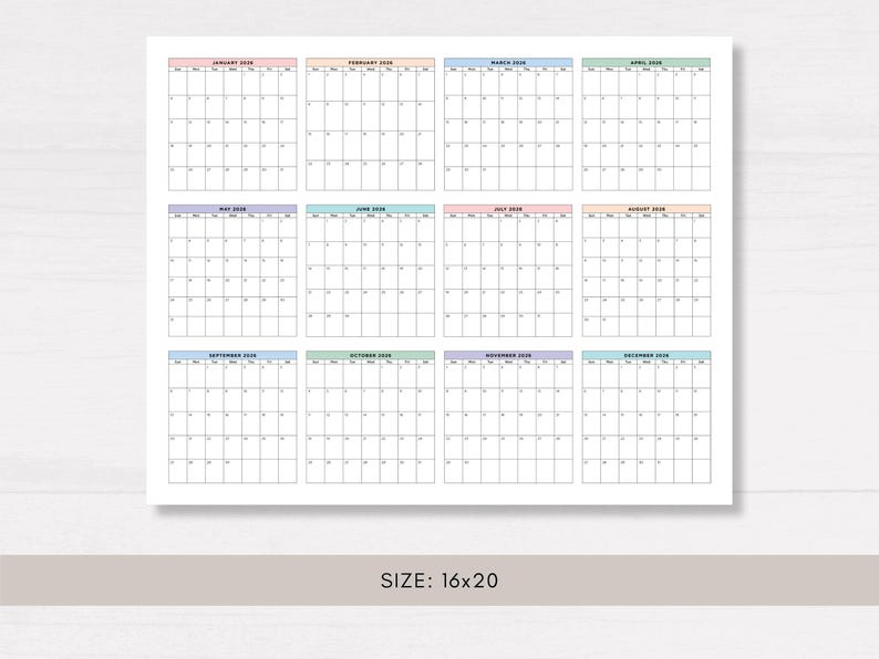 2026 Wall Calendar 16x20, Year Printable Calendar, Large Horizontal ...