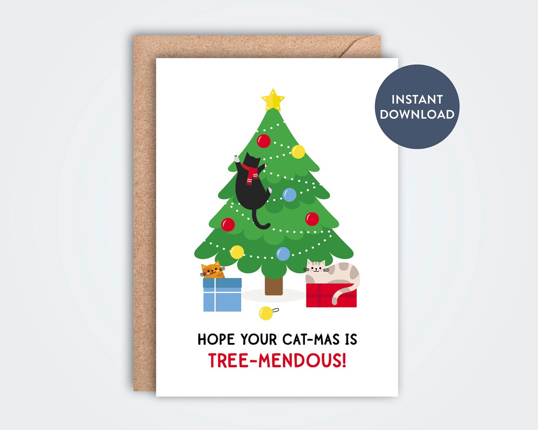 Treemendous Printable Christmas Folded Greeting Card, Catmas Card, Cute ...
