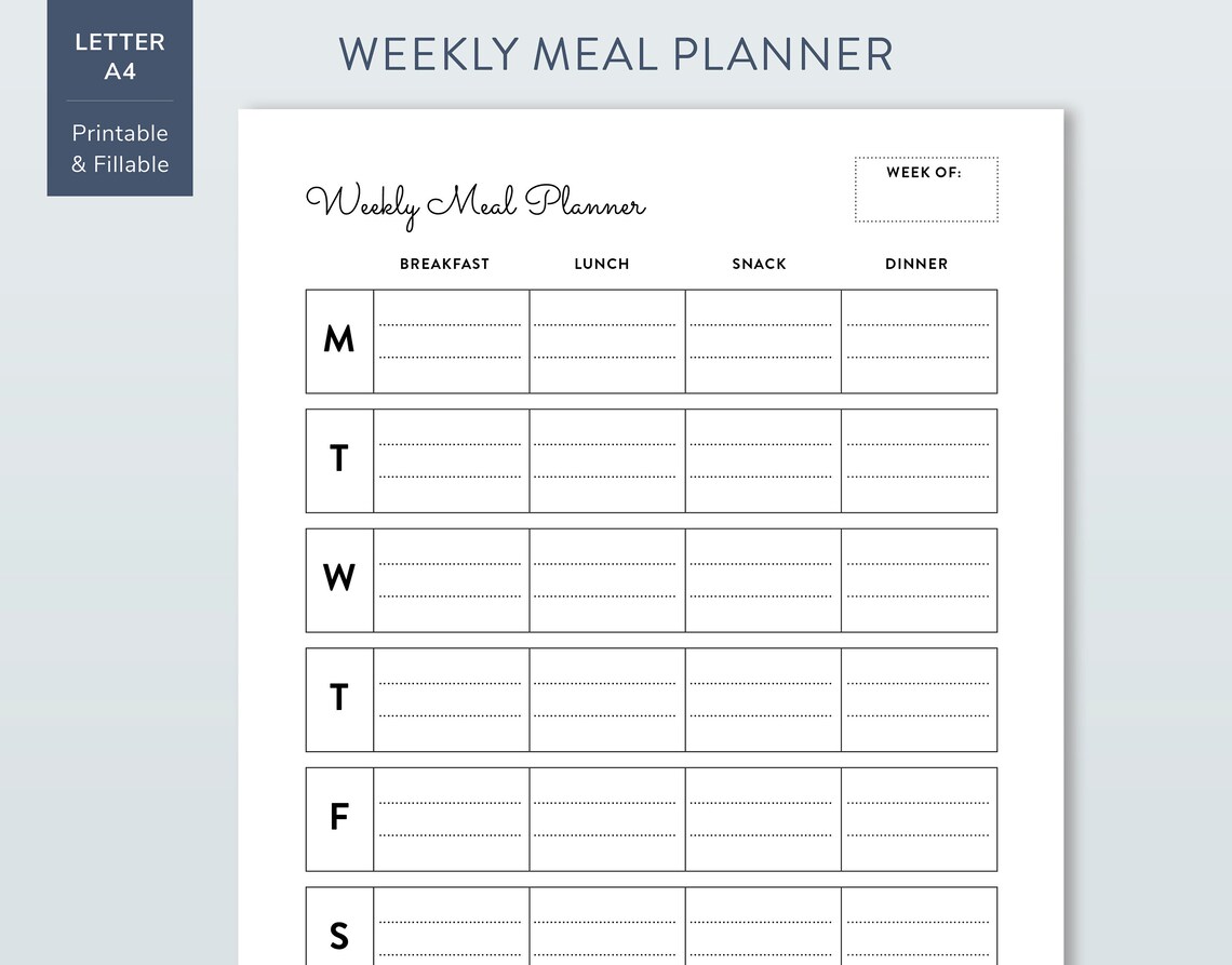 Weekly Meal Planner Printable Page in US Letter and A4 Size, Simple ...