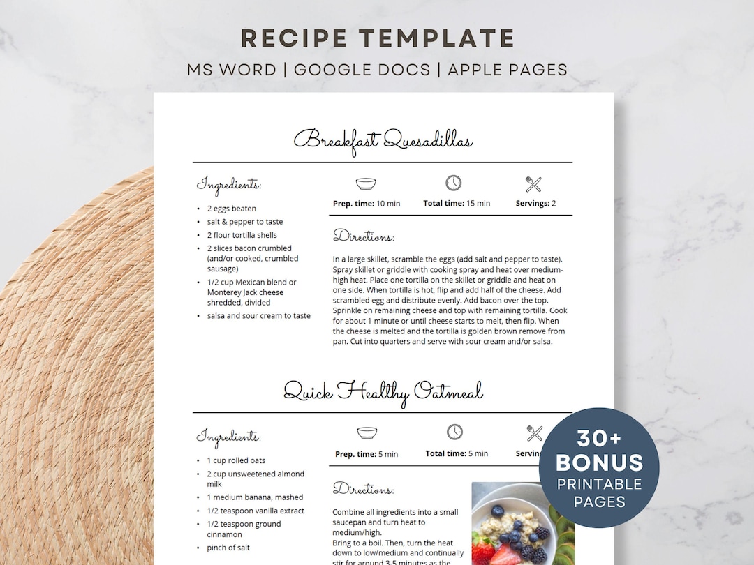 2 Recipes Page Template for Short Recipes, MS Word Recipe Template ...