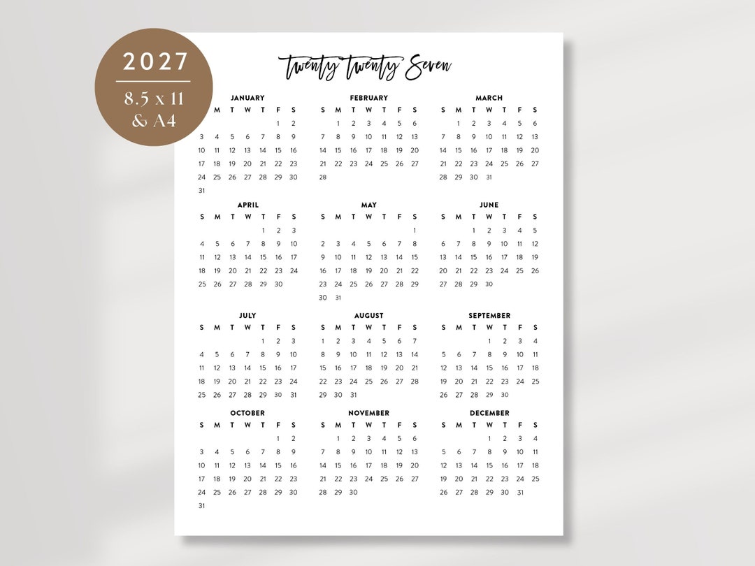 2027 Printable Calendar, 2027 Planner, 2027 Office Calendar, Letter 8.5x11 and A4 Calendar ...