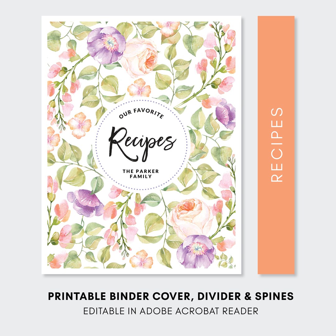 Printable Floral Recipe Binder Cover, Editable Recipe Template Cover ...