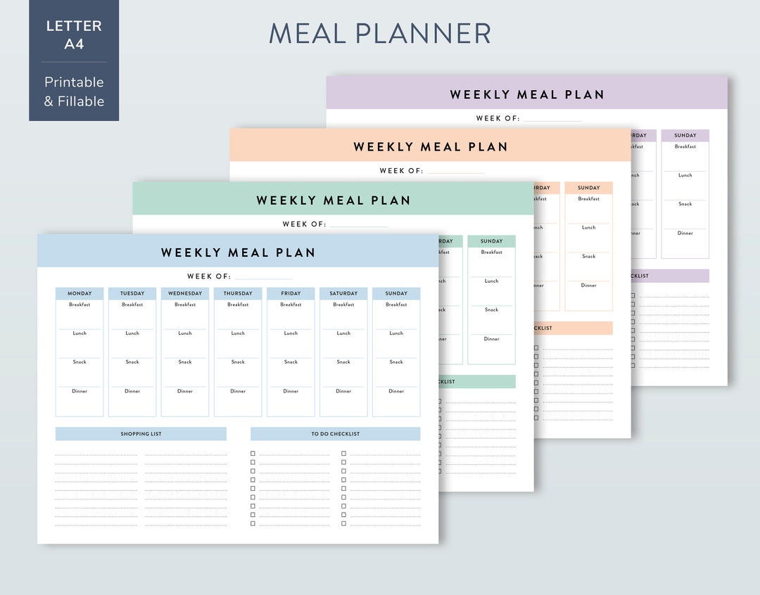 Simple Weekly Meal Planners, Pastel Printable and Fillable Meal Planner ...