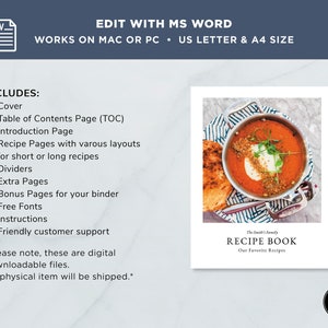 Editable Cookbook MS Word Template Classic Style, Printable Recipe Book Binder Kit, Kitchen ...