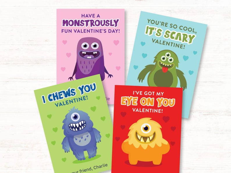 Cute Monsters Valentine Cards, Printable Classroom Valentine Cards ...
