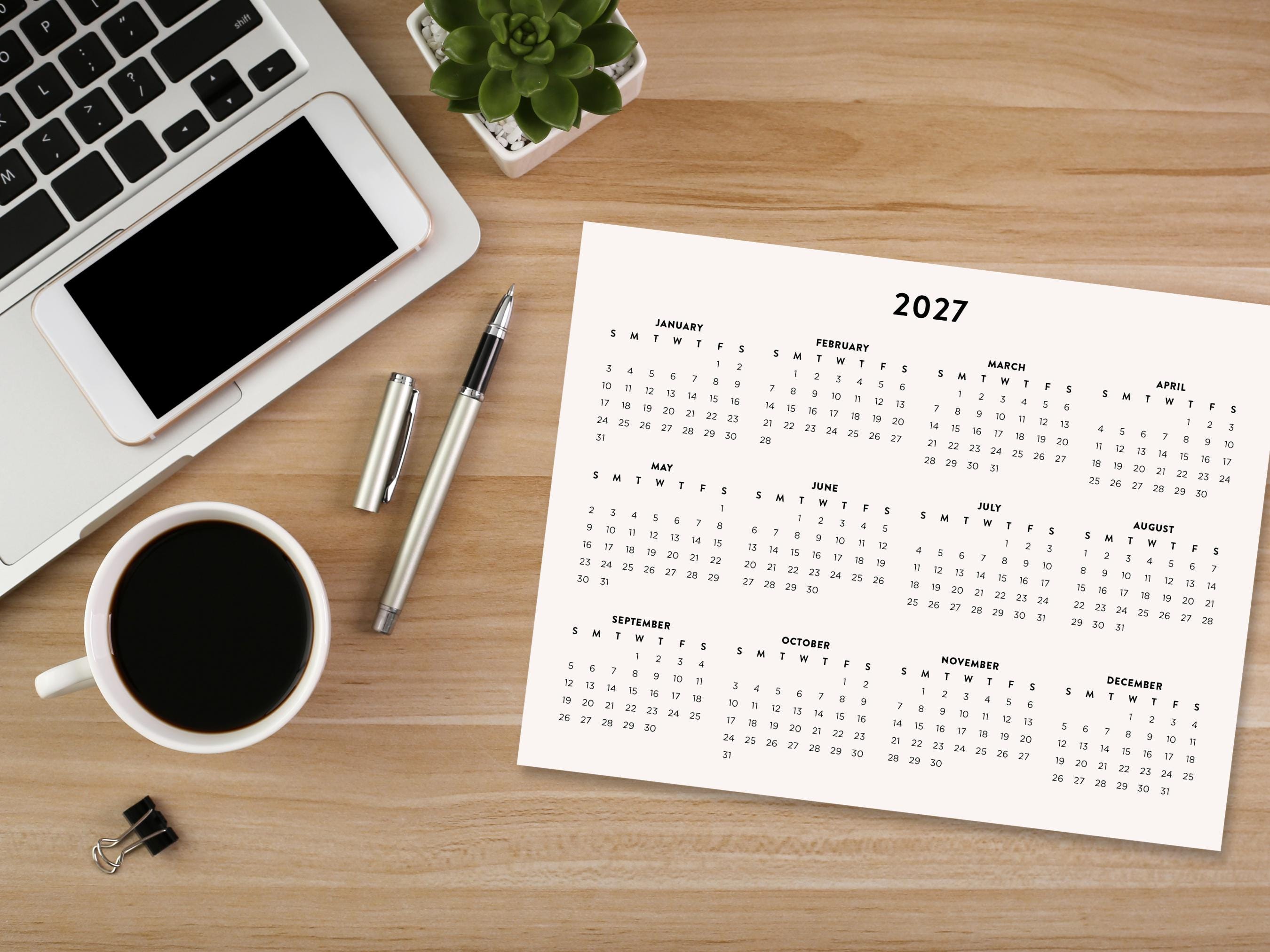 Minimalist 2027 Year at a Glance, Printable One-page Wall Calendar ...