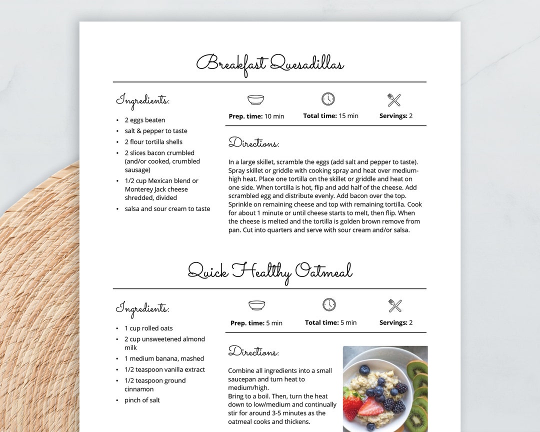 2 Recipes Page Template for Short Recipes, MS Word Recipe Template ...