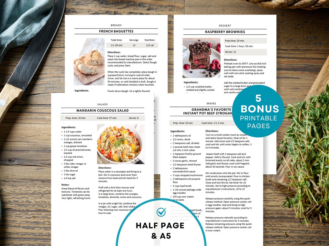 Half Letter and A5 Recipe Template, 4 Page Cookbook Template, Editable ...