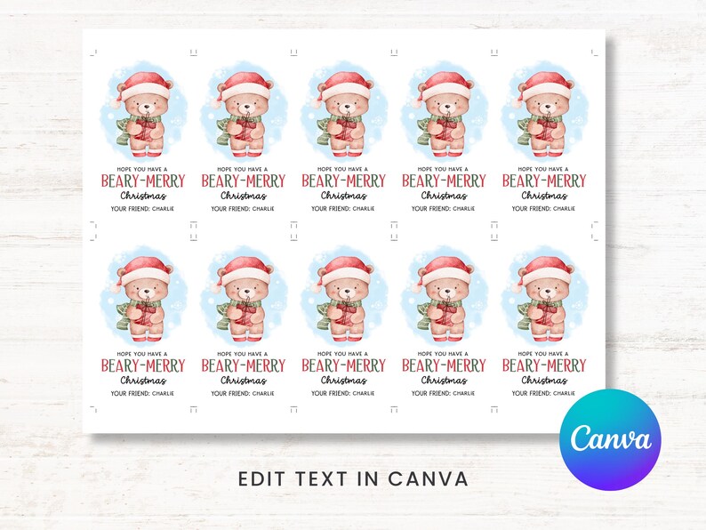 Beary Merry Christmas Gift Tag, Printable Bear Holiday Label, Editable ...