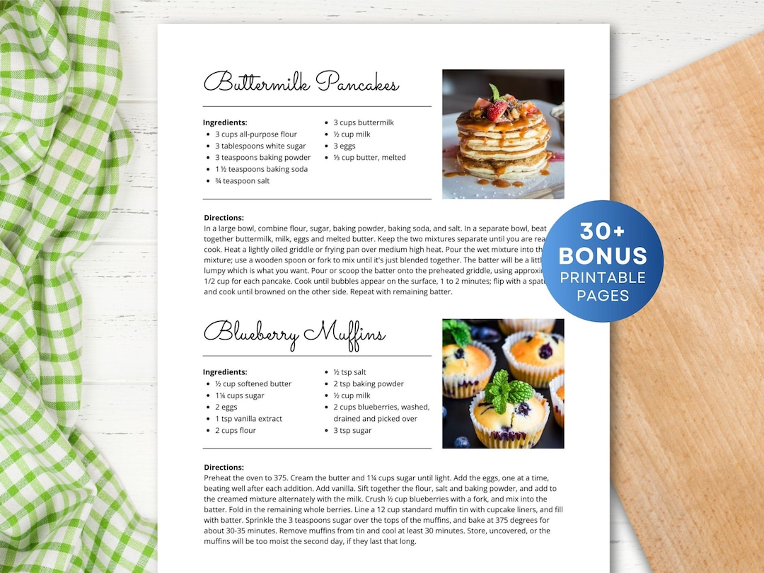 Editable Recipe Template for Short Recipes, Printable Recipe Page, 2 ...