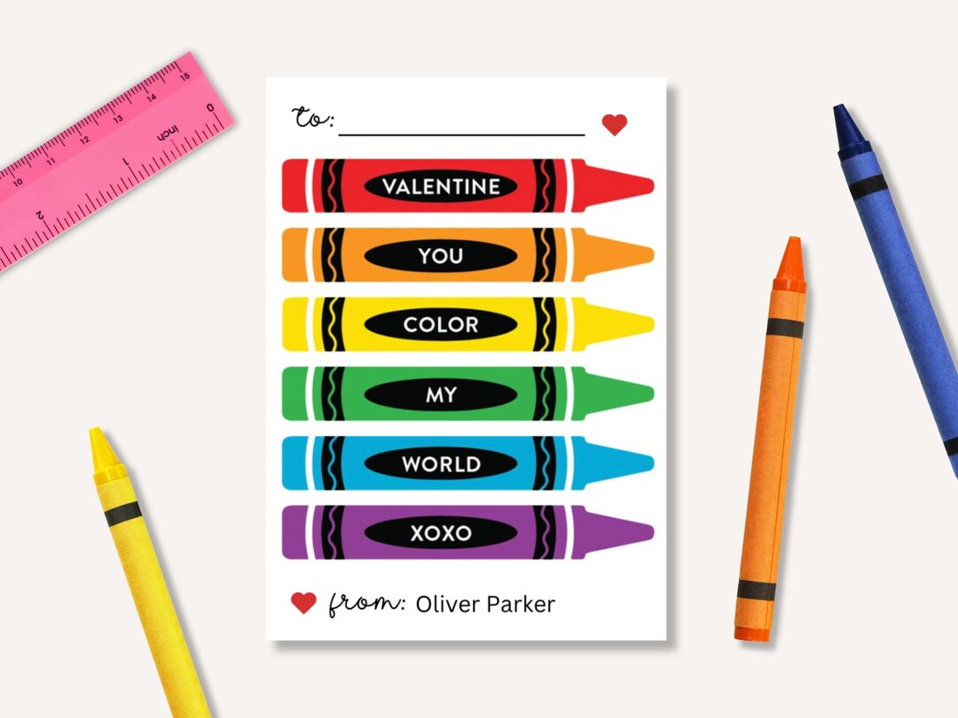 Valentine You Color My World, Printable Kids Crayon Classroom Valentine ...