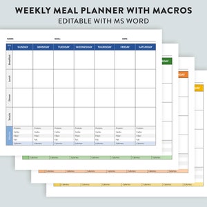 Editable MS Word Weekly Meal Planner With Macros Template, Printable Word Meal Planner With ...