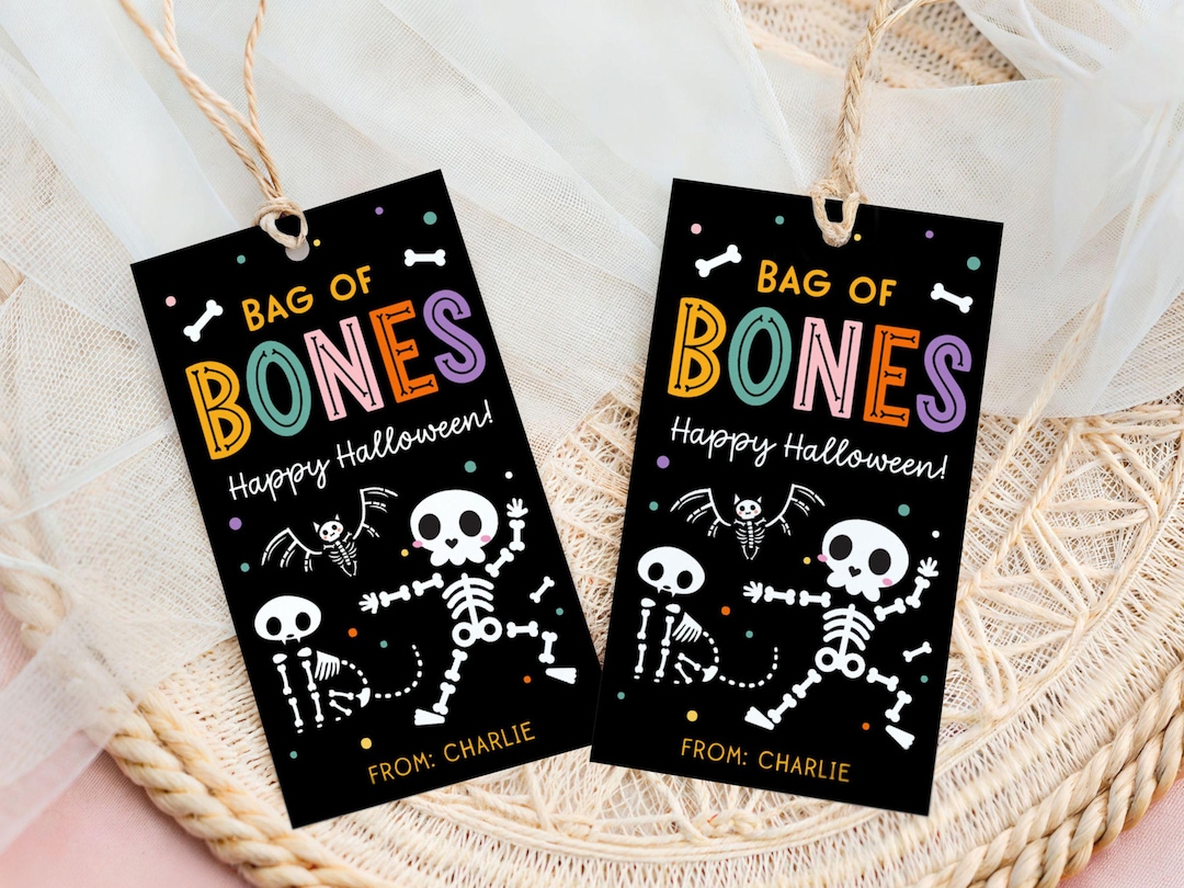 Bag of Bones Halloween Treat Tag, Skeleton Printable for Pretzels or ...