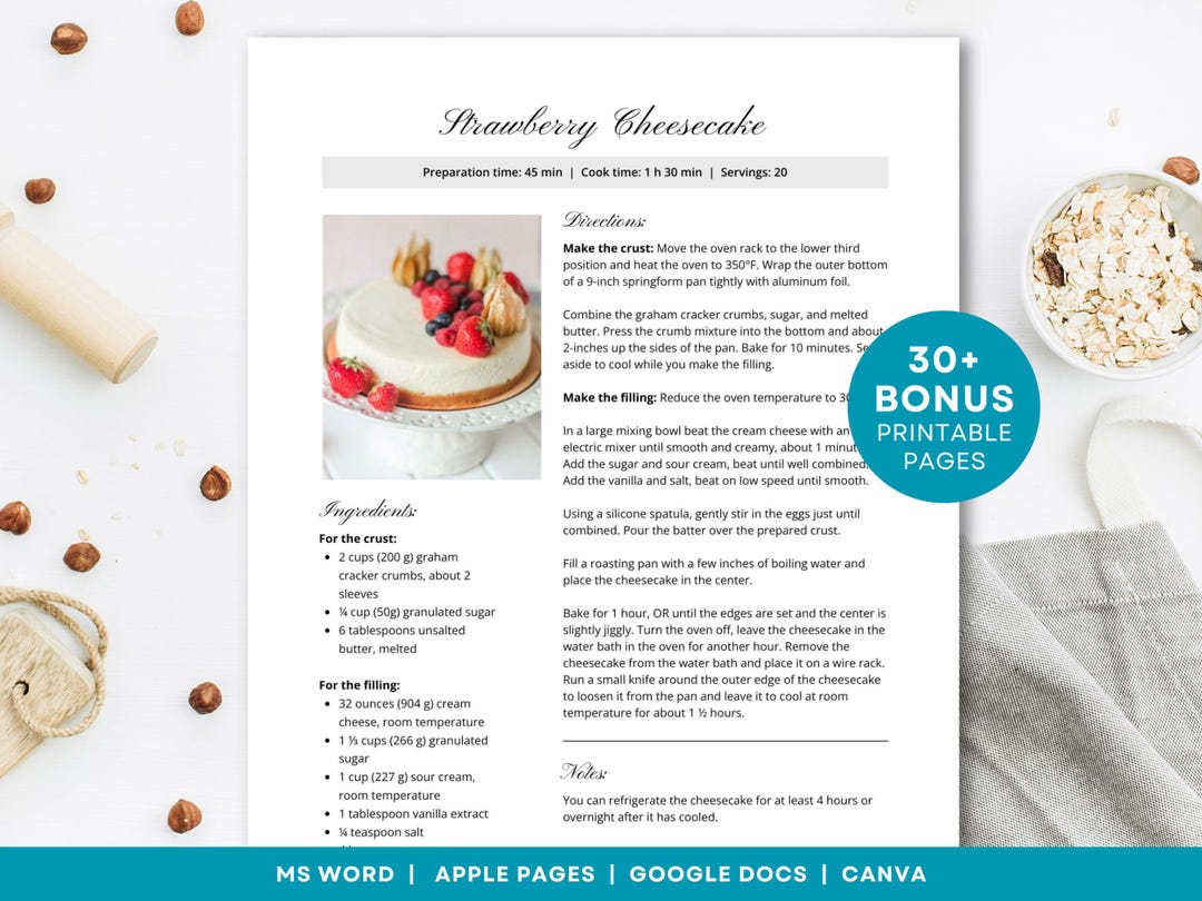 Recipe Template With Sript Font, Printable Recipe Page, Elegant Recipe ...