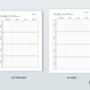 Monthly Meal Planner, Printable and Fillable Page in US Letter and A4 ...