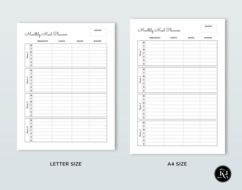 Monthly Meal Planner, Printable and Fillable Page in US Letter and A4 ...