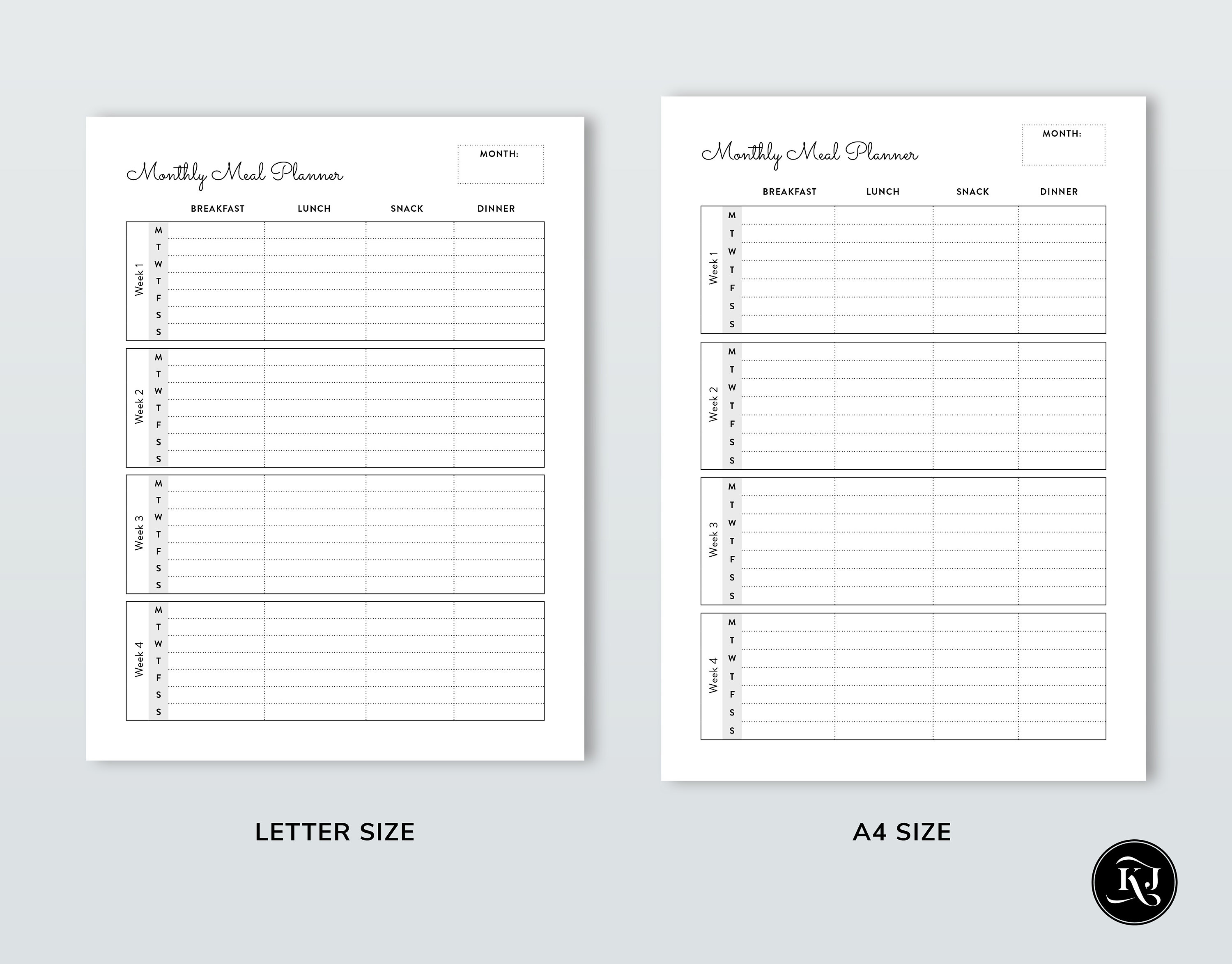 Monthly Meal Planner Printable and Fillable Page in US Letter - Etsy