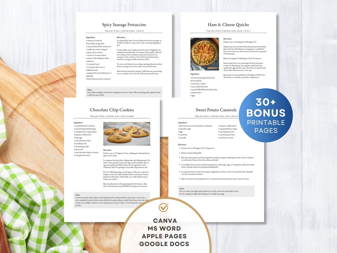 4 Page Recipe Book Template, Editable MS Word Recipe Pages, Family ...