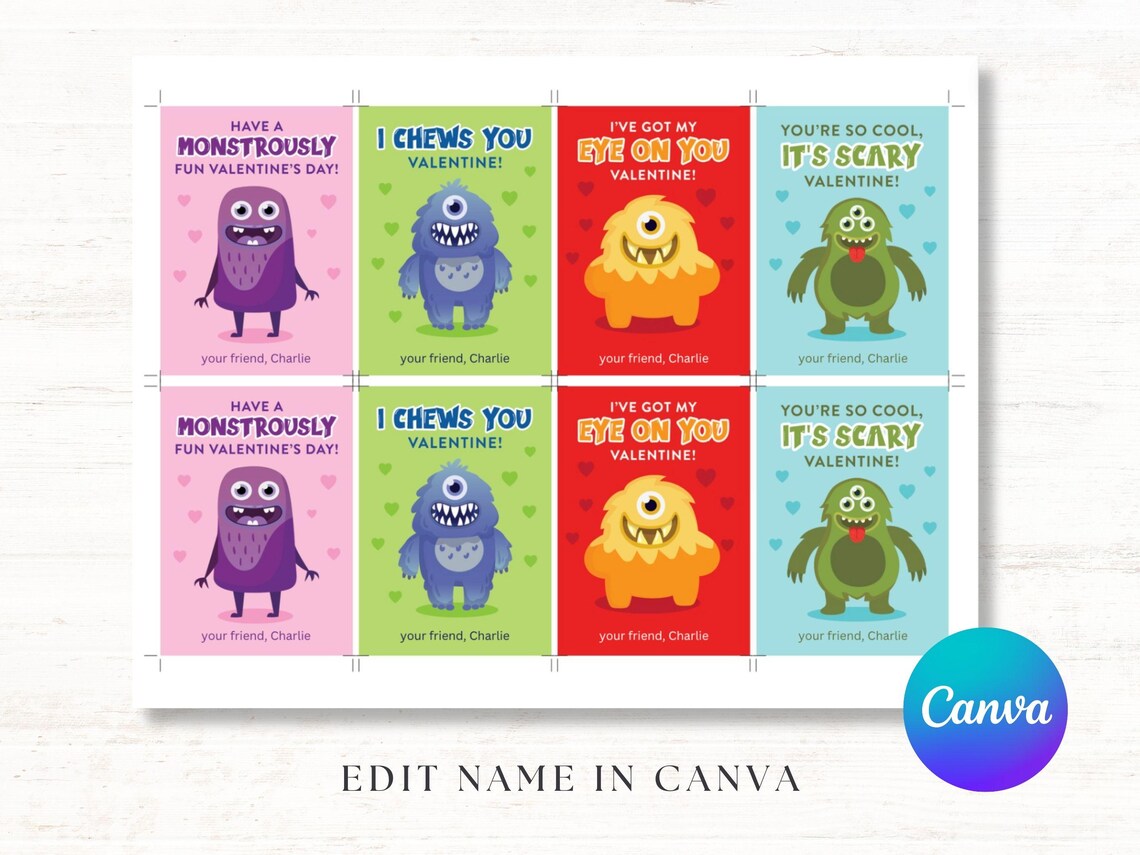 Cute Monsters Valentine Cards, Printable Classroom Valentine Cards ...