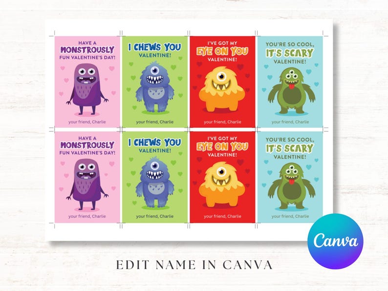 Cute Monsters Valentine Cards, Printable Classroom Valentine Cards ...