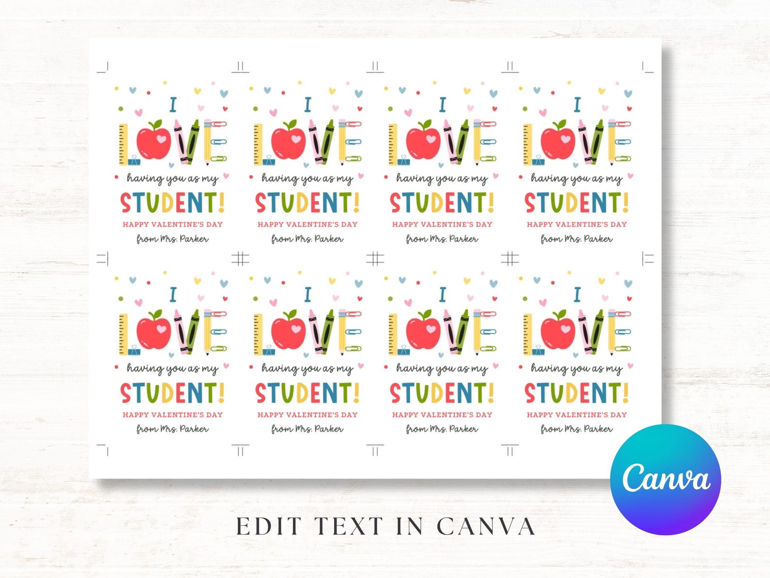 Printable School Valentine Tag, I Love Having You as My Student Card ...