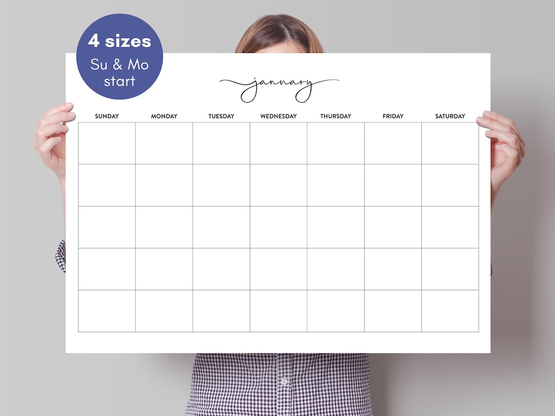 Blank Printable Monthly Calendar, Undated Large Wall Planner, 8x11 ...