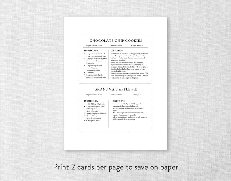 4x6 and 5x7 Recipe Card, Recipe Card Template, Word Template, Printable ...
