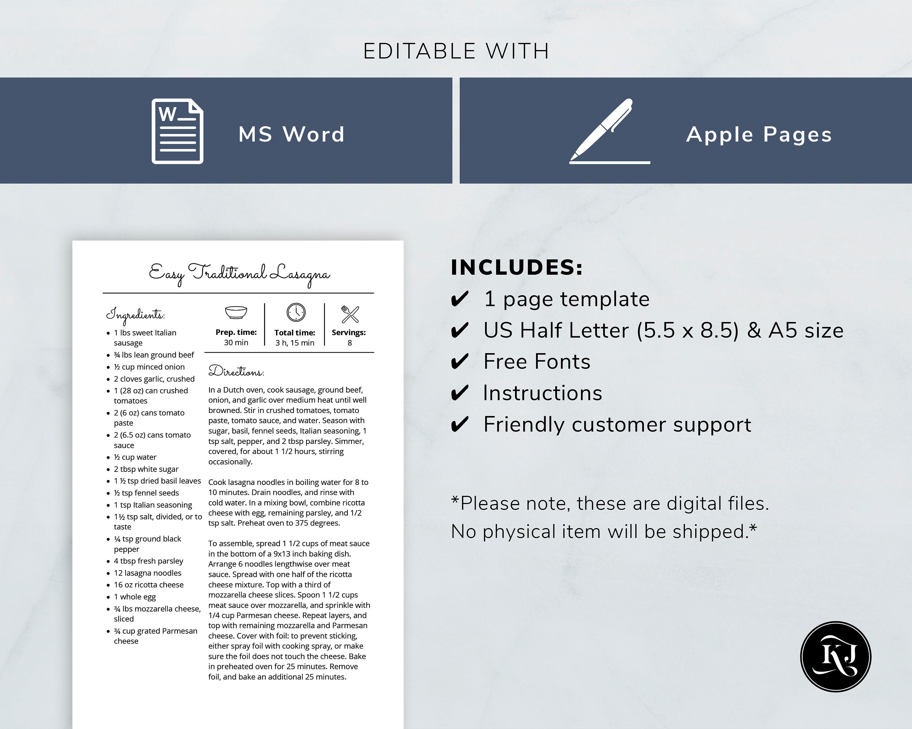 Half Letter and A5 Recipe Template, MS Word Recipe Page, Apple Pages ...