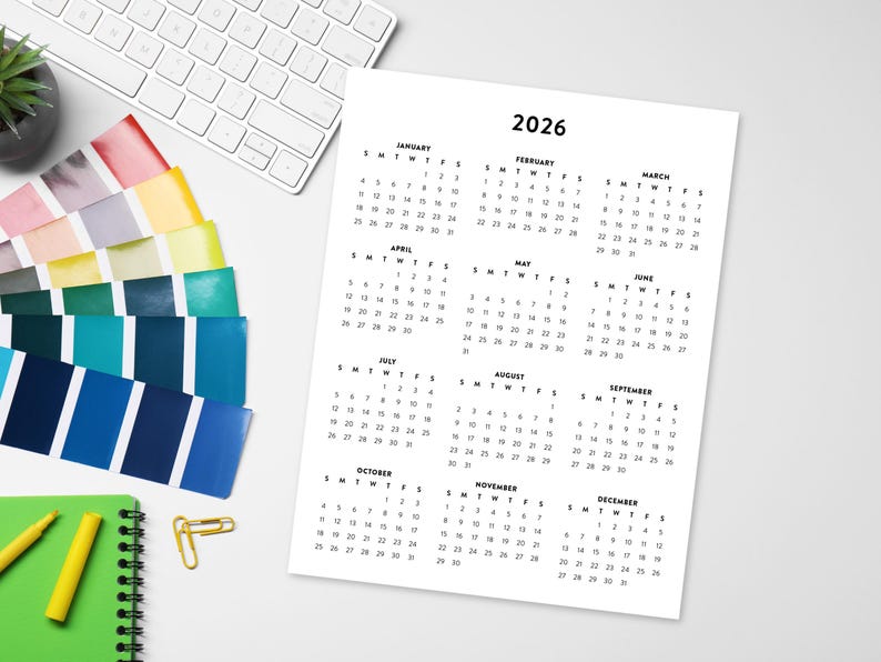 2026 Year at a Glance Printable Desk Calendar, Minimalist One-page Wall ...