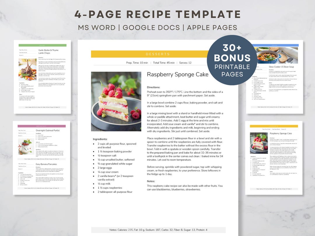 Editable Recipe Word Template, Google Docs, Mac Pages, Cookbook Recipe ...