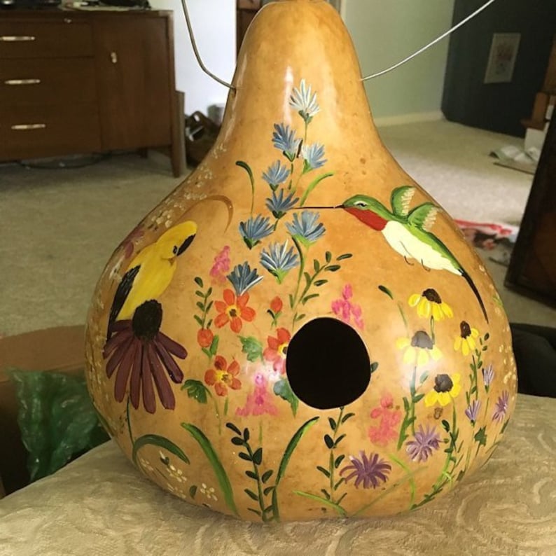 Handpainted Gourd Birdhouse With Two Hummingbirds and Wildflowers - Etsy