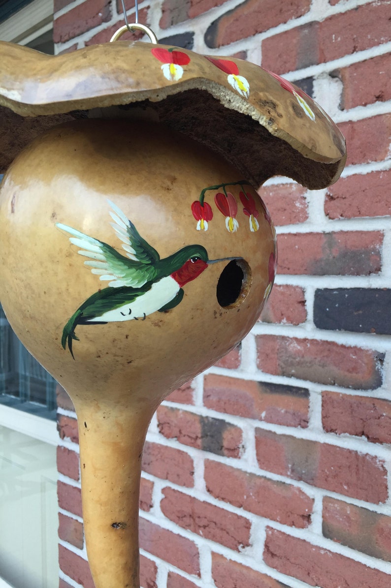 Hand Painted Gourd Birdhouse With Hummingbird and Bleeding Hearts With ...