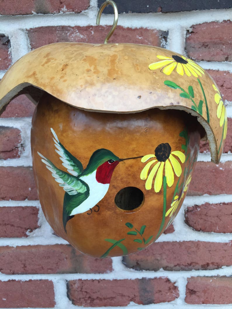 Hand Painted Gourd Birdhouse With Hummingbird and Yellow Black-eyed ...