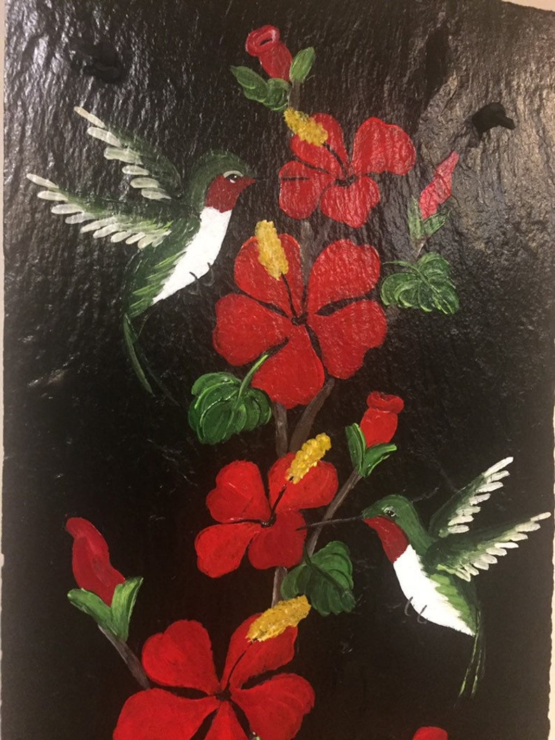Hand-painted Slate With Hummingbird and Red Hibiscus Flowers - Etsy