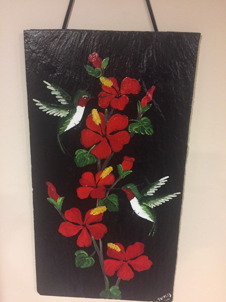 Hand-painted Slate With Hummingbird and Red Hibiscus Flowers - Etsy