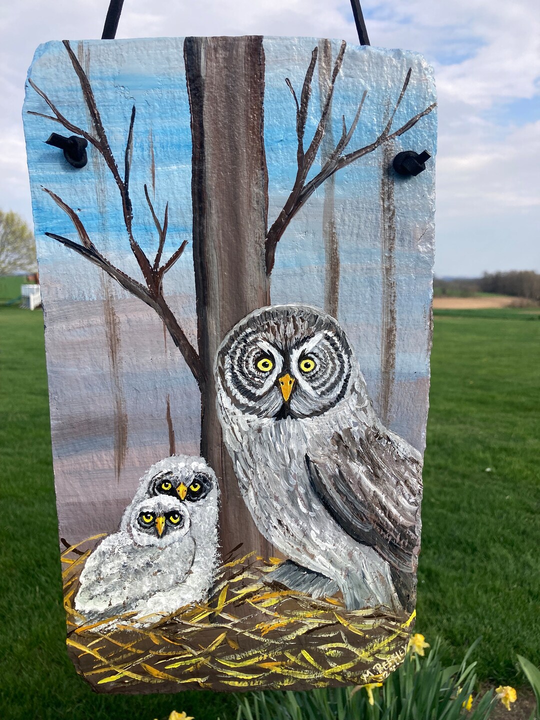 A Family of Fluffy Gray Owl Chicks and There Parent on Hand Painted ...