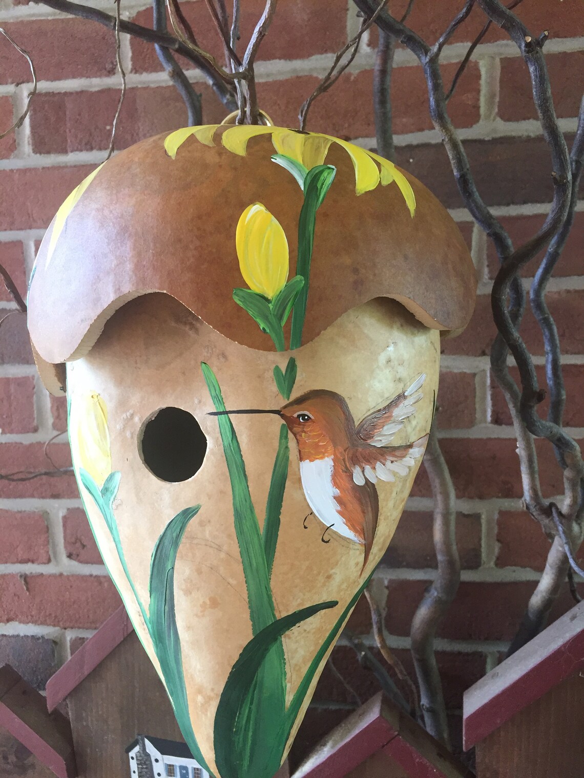 Hand Painted Gourd Birdhouse With Hummingbird and canopy Lid. - Etsy