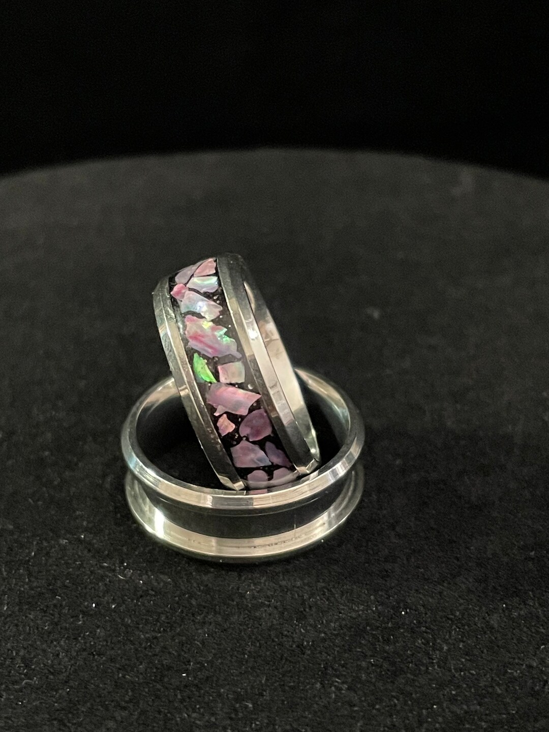 Pink Abalone Shell Inlay Ring, Resin Inlay Ring, Stainless Steel ...