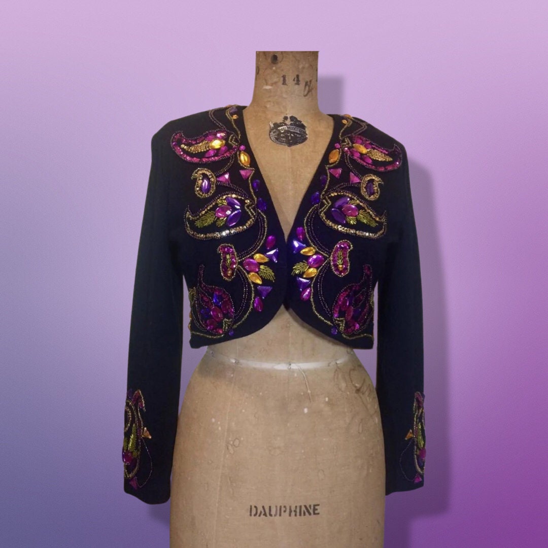 Vintage 80s Jeweled Bolero Shrug Embroidered Purple Pink Gold Black ...