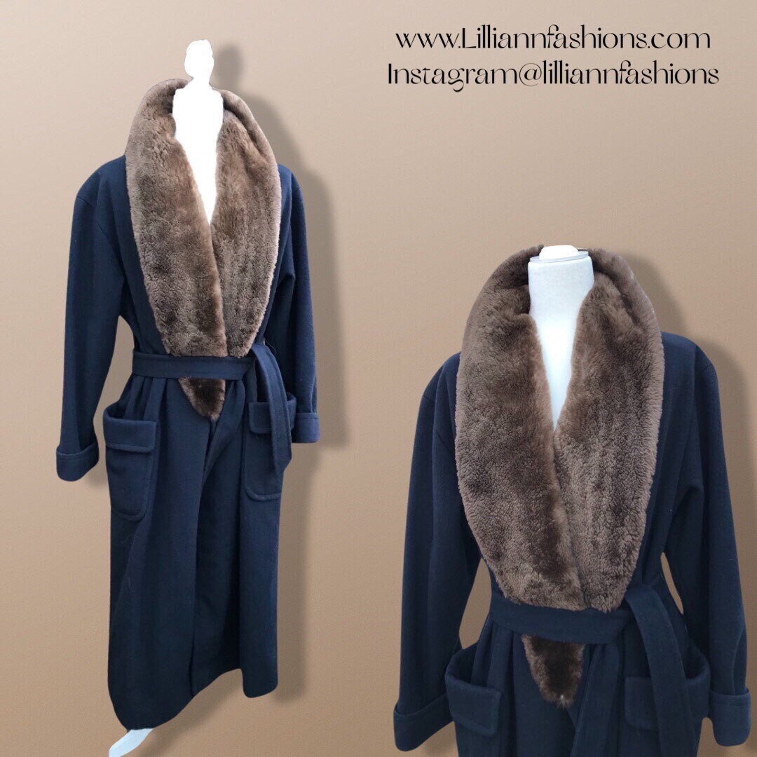 Black Wool Wrap Coat With Extra Long Sheared Beaver Tuxedo Collar ...