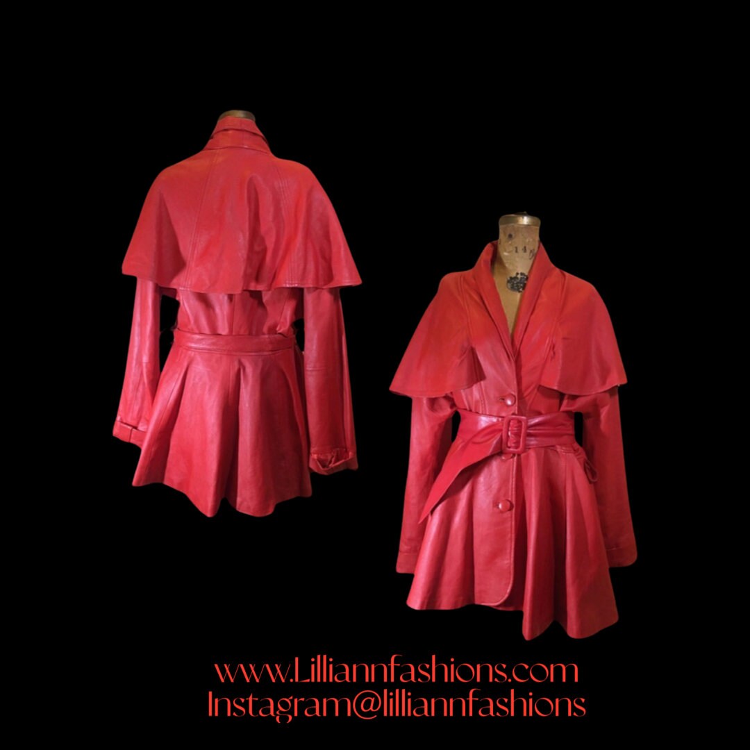 Vintage Women's Coat70s 80s Red Leather Studio 54 Belted Pinup Cape ...