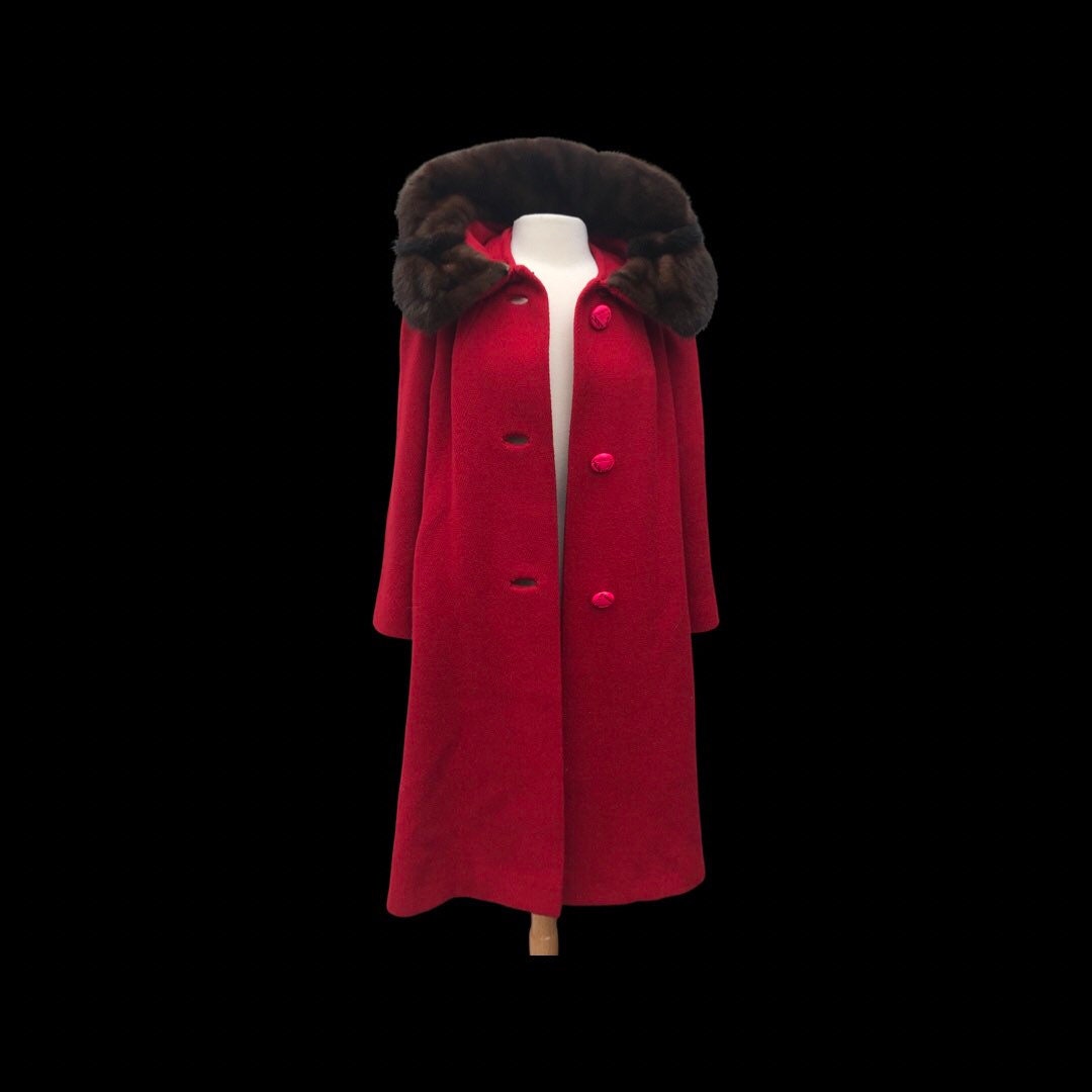 Vintage Red Wool Boucle Coat Mink Collar 60s Mad Men - Etsy