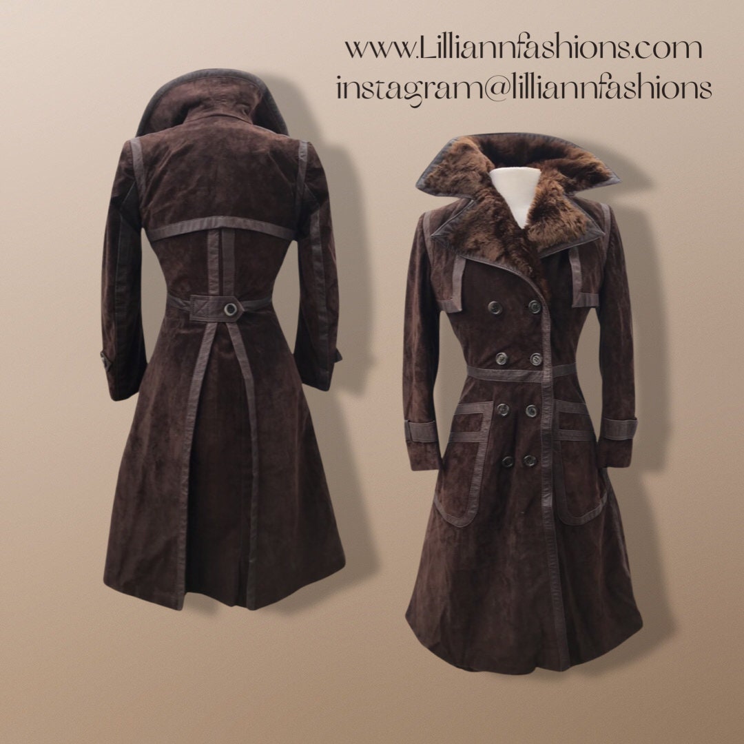 60s 70s Suede Trench With Shearling Collar Made in Brazil Princess Fit ...