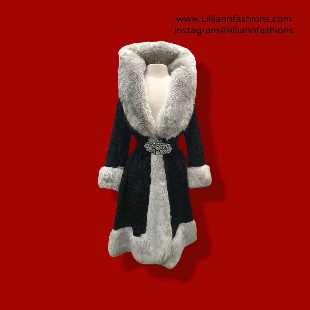 Lilli Ann Black and White Faux Fur Princess Coat Fall Winter Holiday ...